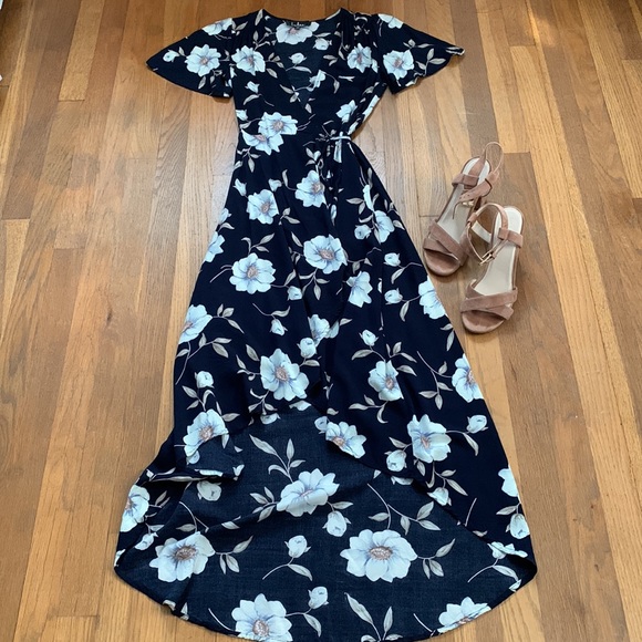 Lulus | Dresses | Lulus Navy Floral Wrap Dress Short In Front Long In ...